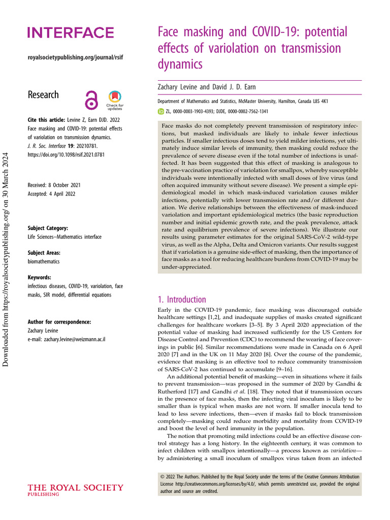 Variolización Levine Earn 2022 Face Masking and COVID 19 Potential ...