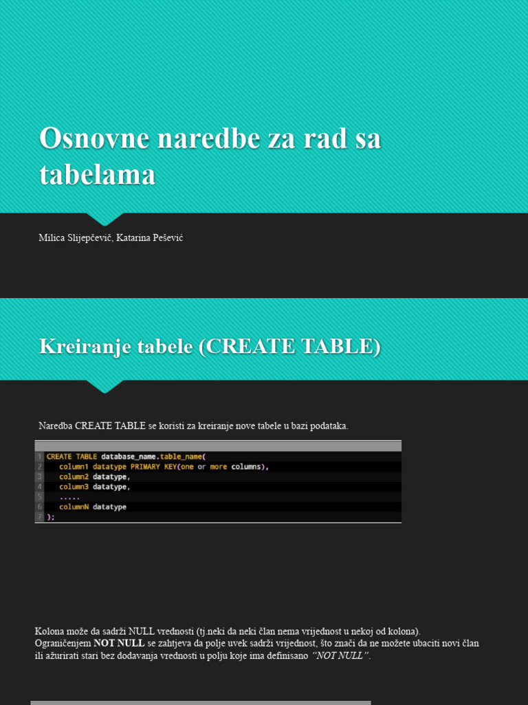 Osnovne Naredbe Za Rad Sa Tabelama1 | PDF