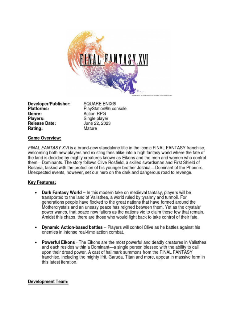 FINAL FANTASY XVI Fact Sheet - FINAL | PDF | Final Fantasy | Video Game ...