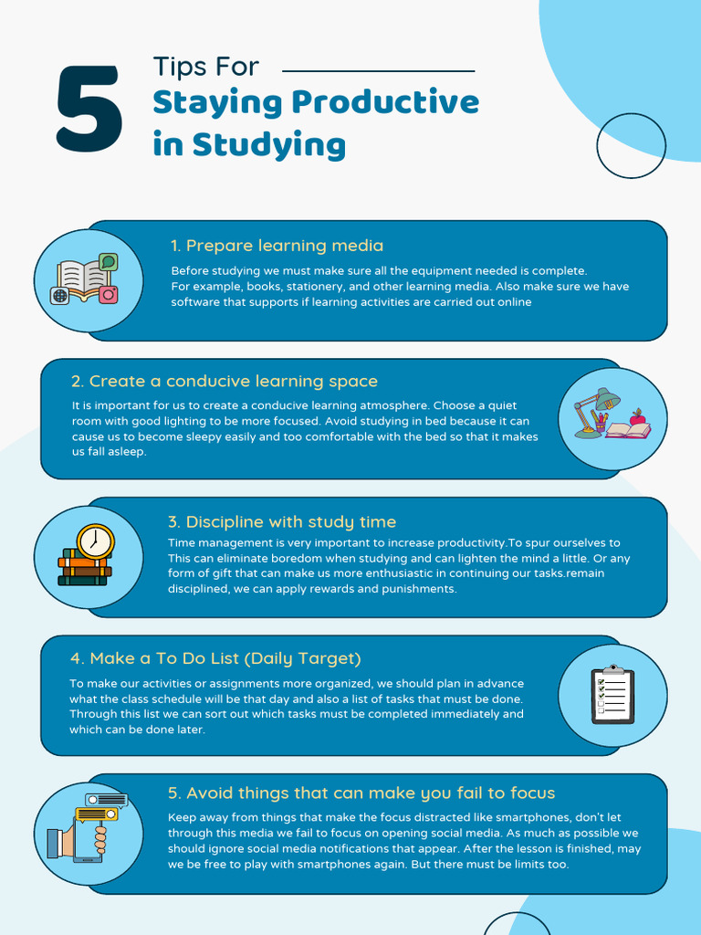 White And Blue Flat Tips For Staying Productive In Studying Poster | PDF