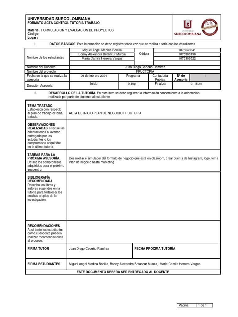 Acta de Inicio - Fructopia | PDF