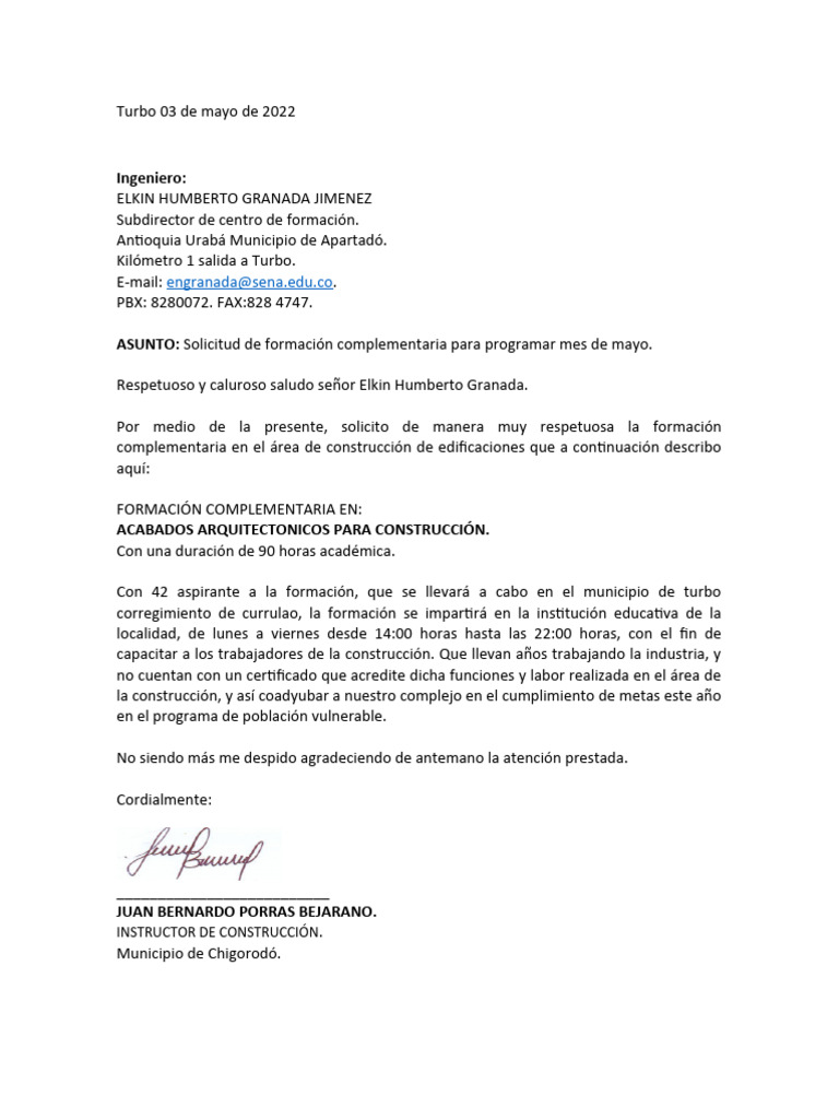 CARTA DE SOLICITUD FORMACIÓN COMPLEMENTARIA | PDF