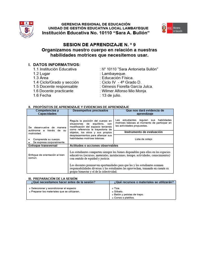 Sesion 9 - Organizamos Nuestro Cuerpo en Relación A Nuestras Habilidades Motrices Que ...