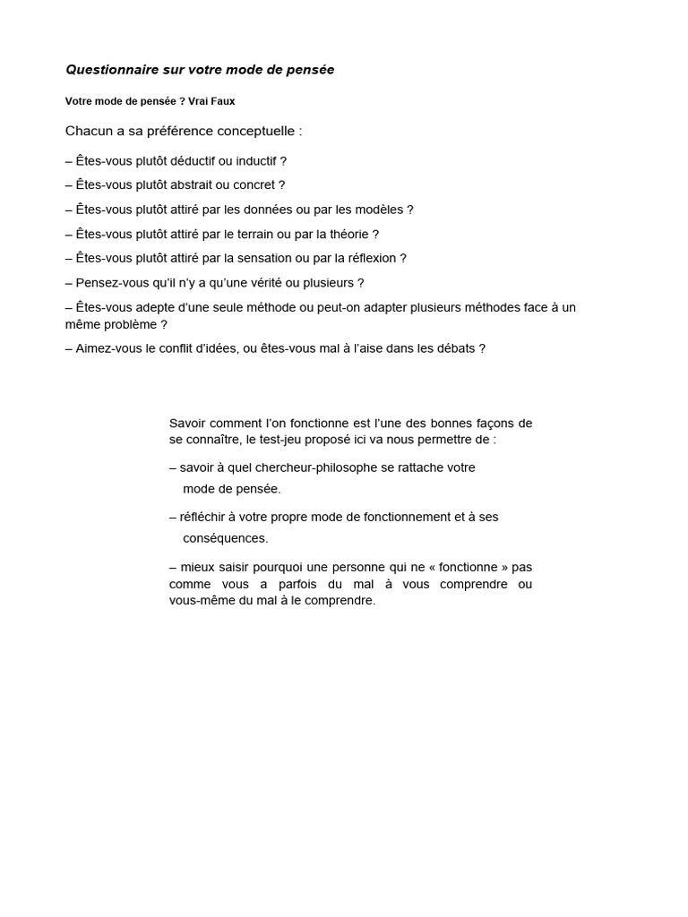 Questionnaire Sur Votre Mode de Pensée | PDF | Vérité | Empirisme