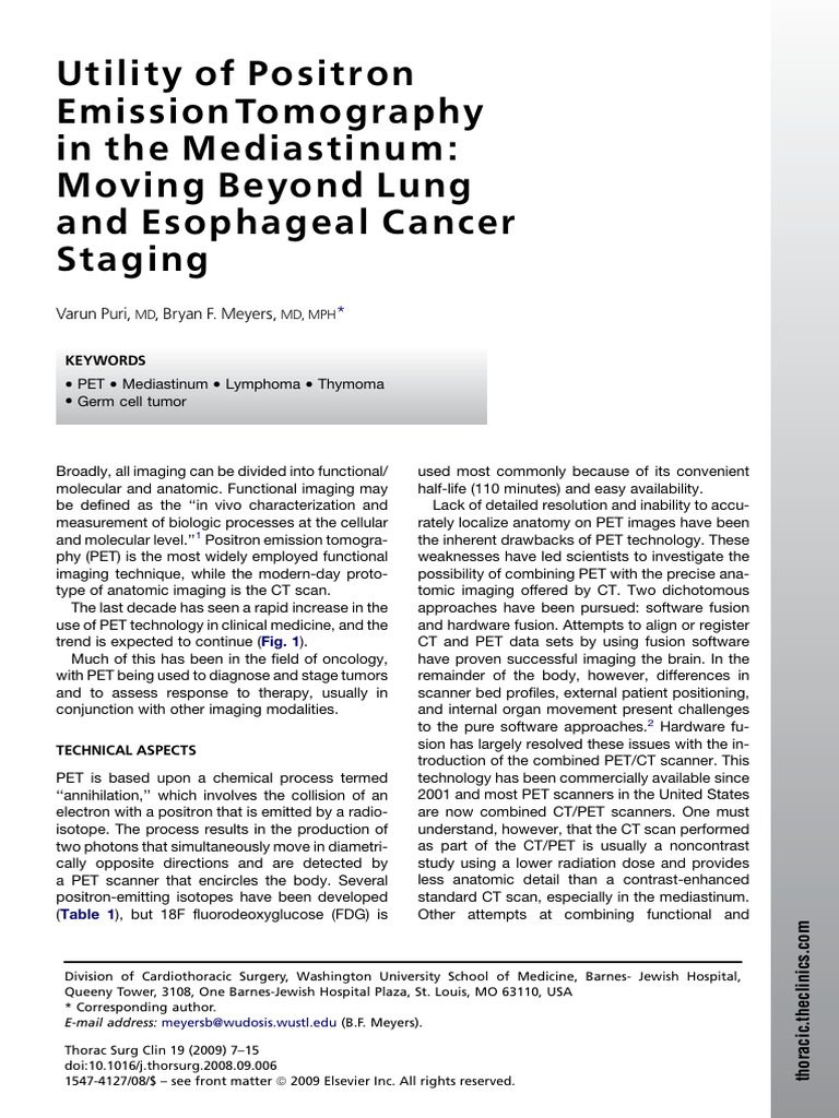 2 Utility of Positron Emission Tomography in the Mediastinum Moving Beyond Lung and Esophageal ...
