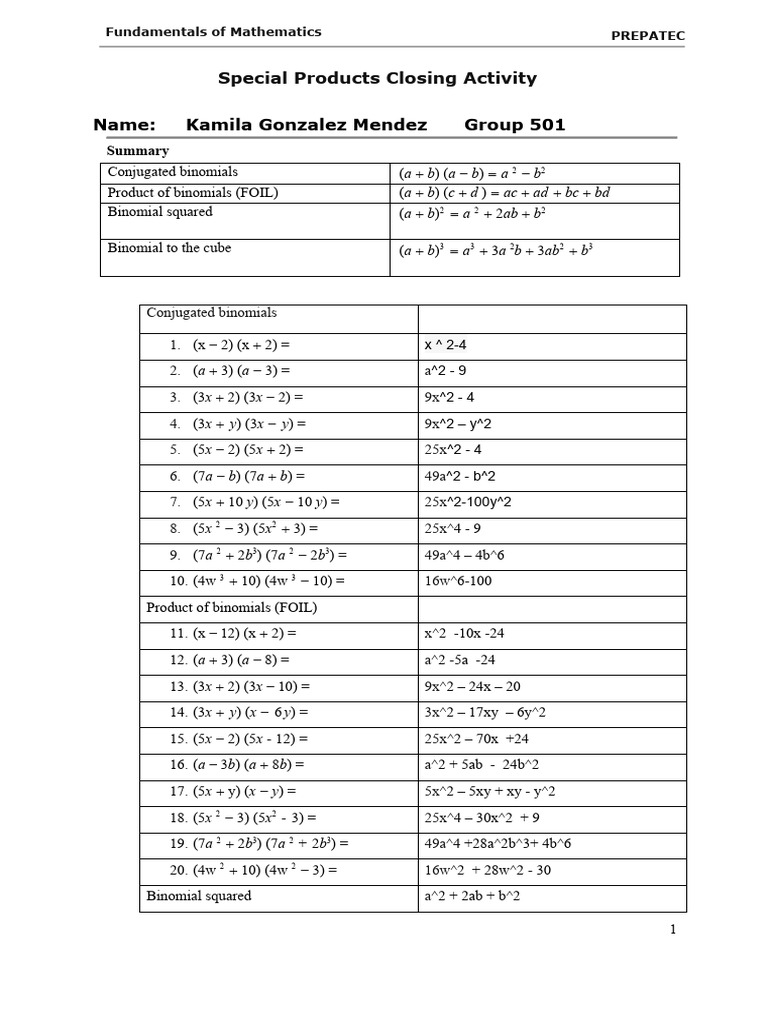 Activity SPECIAL PRODUCTS | PDF | Recreational Mathematics | Discrete ...