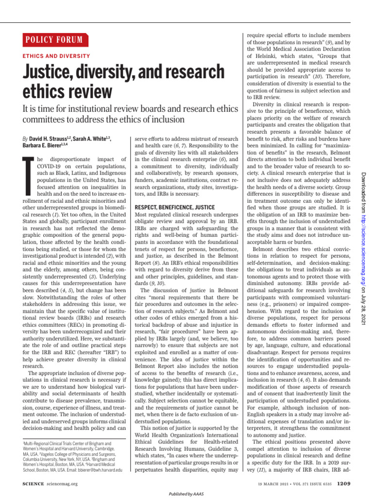 Strauss Et Al (2021) Justice, Diversity and Research Ethics Review ...