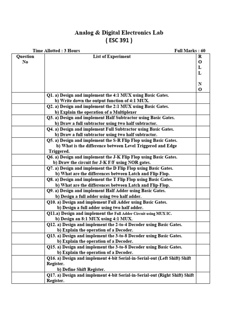 Analog & Digital Electronics Lab (ESC 391) : Full Adder Circuit Using MUX IC | PDF | Electrical ...