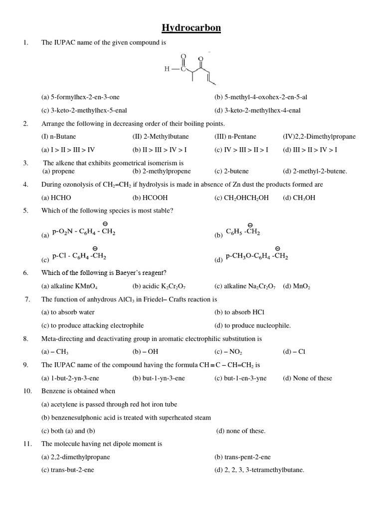 Hydrocarbon Reactions and Properties Quiz | PDF | Benzene | Alkene