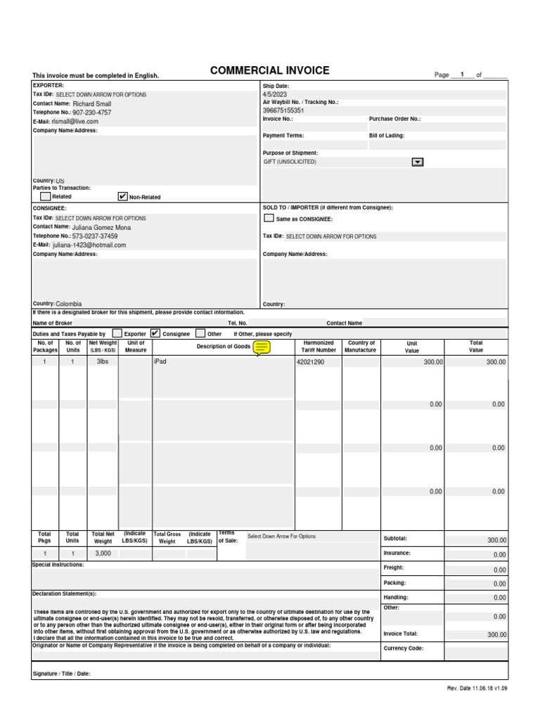 Comm Inv Exp Email Instructions | PDF | Consignee | Bill Of Lading