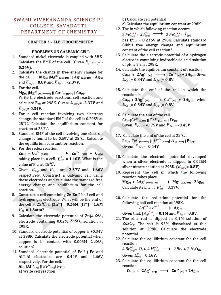 Electrochemistry Problems | PDF | Electrochemistry | Physical Sciences