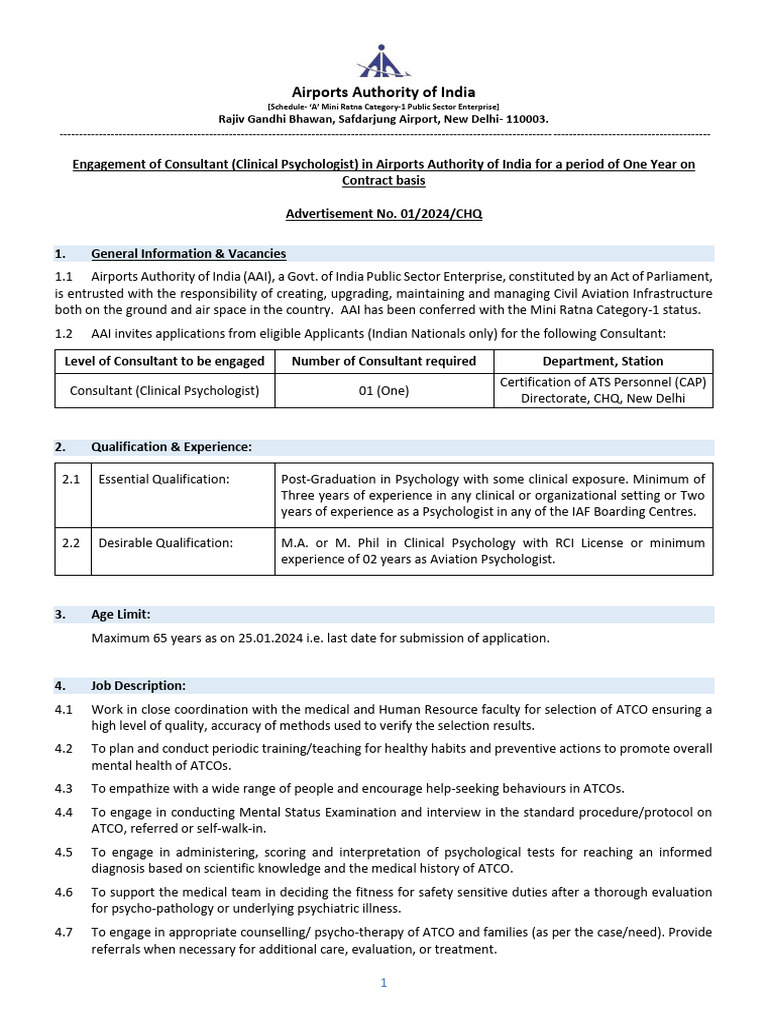 Advt No 01-2024-CHQ | PDF | Psychology | Psychiatry