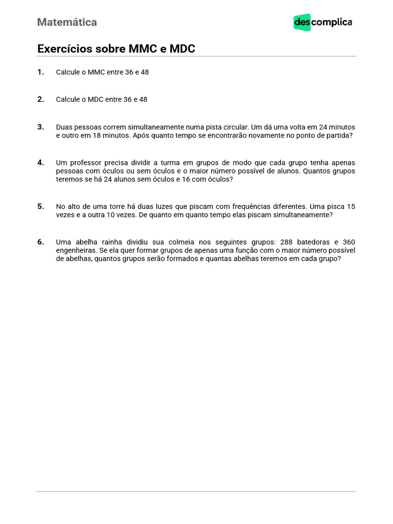 Atividades de MMC e MDC para 5º Ano | PDF | Matemática