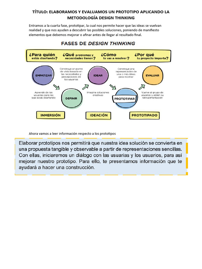 Elaboramos y evaluamos un prototipo aplicando la metodología design thinking | PDF