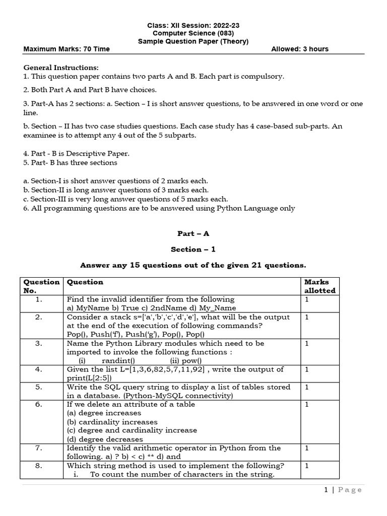 Class 12 Sample Paper CS | PDF | Python (Programming Language) | Computer Data