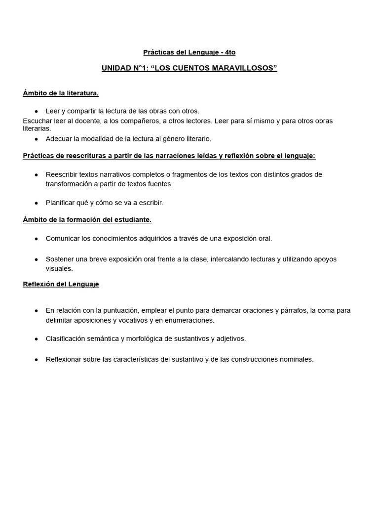 Unidad N°1 Cuentos Maravillosos 4to | PDF | Puntuación | Escritura