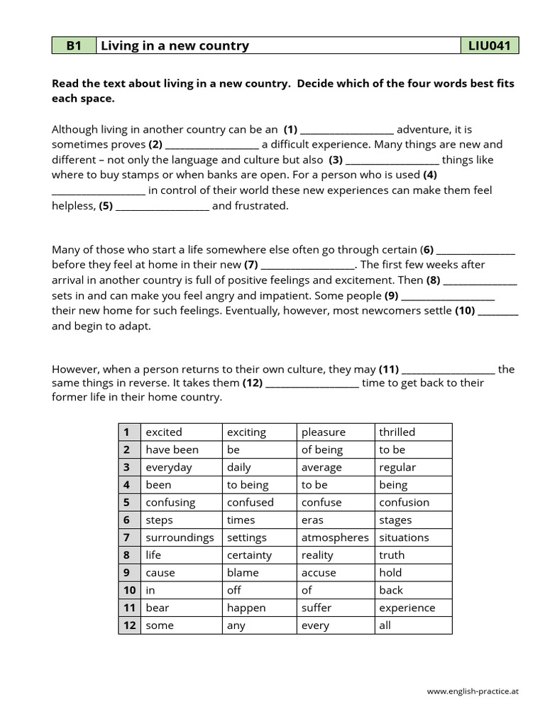 LIU001 - Living in A New Country - English Vocabulary Worksheets | PDF