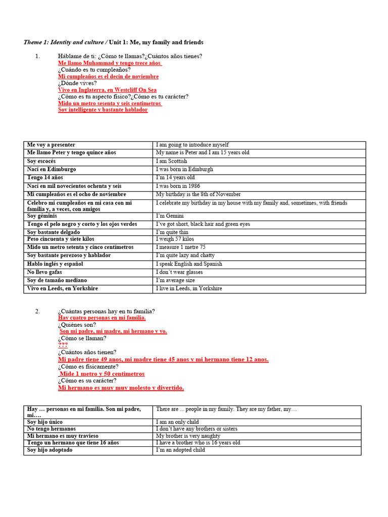 Year 9 - Theme 1 - Identity and Culture - Unit 1 - Me, My Family and Friends | PDF