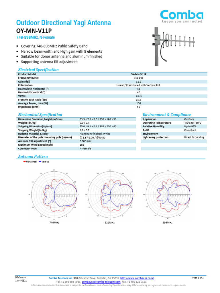 Outdoor Yagi Antenna OY-MN-V11P Specs | PDF | Antenna (Radio) | Electrical Engineering