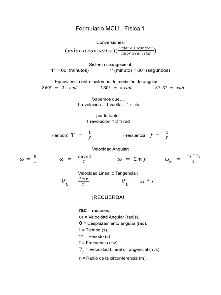 Formulario de Movimiento Circular Uniforme | PDF