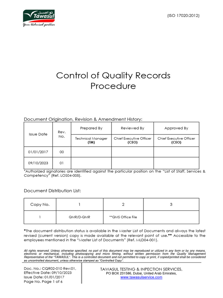 CQR02-010 Control of Quality Records Procedure Rev 01 | PDF | System ...