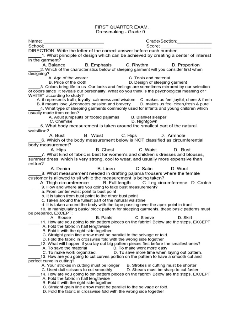 FIRST QUARTER EXAM IN DRESSMAKING GRADE-9 - Copy | PDF | Textiles ...