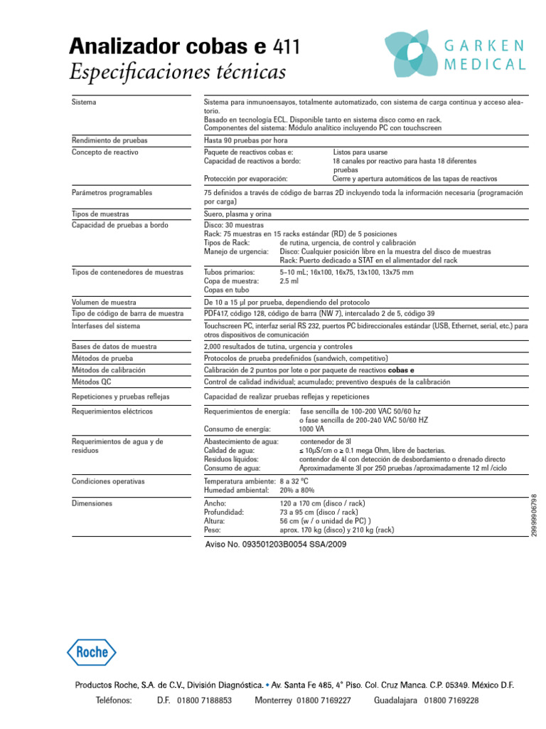 Especificaciones del Analizador Cobas e 411 | PDF | Agua