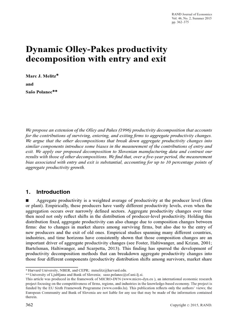 Melitz y Polanee (2015) Dynamic Olley-Pakes Productivity Decomposition ...