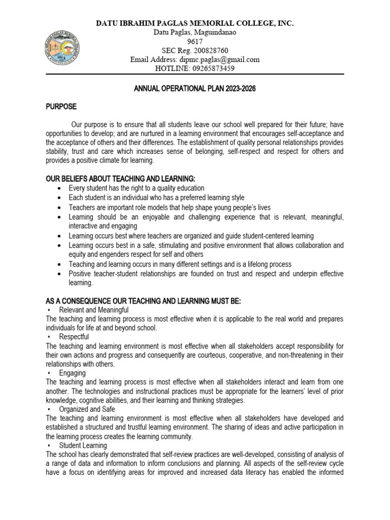 DIPMC Annual Operational Plan 2023-2026 | PDF | Teachers | Learning