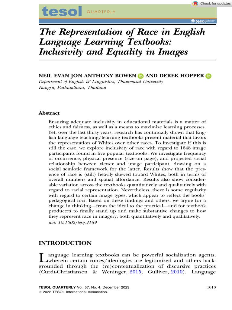 Tesol Quarterly 2022 Bowen The Representation Of Race In English Language Learning