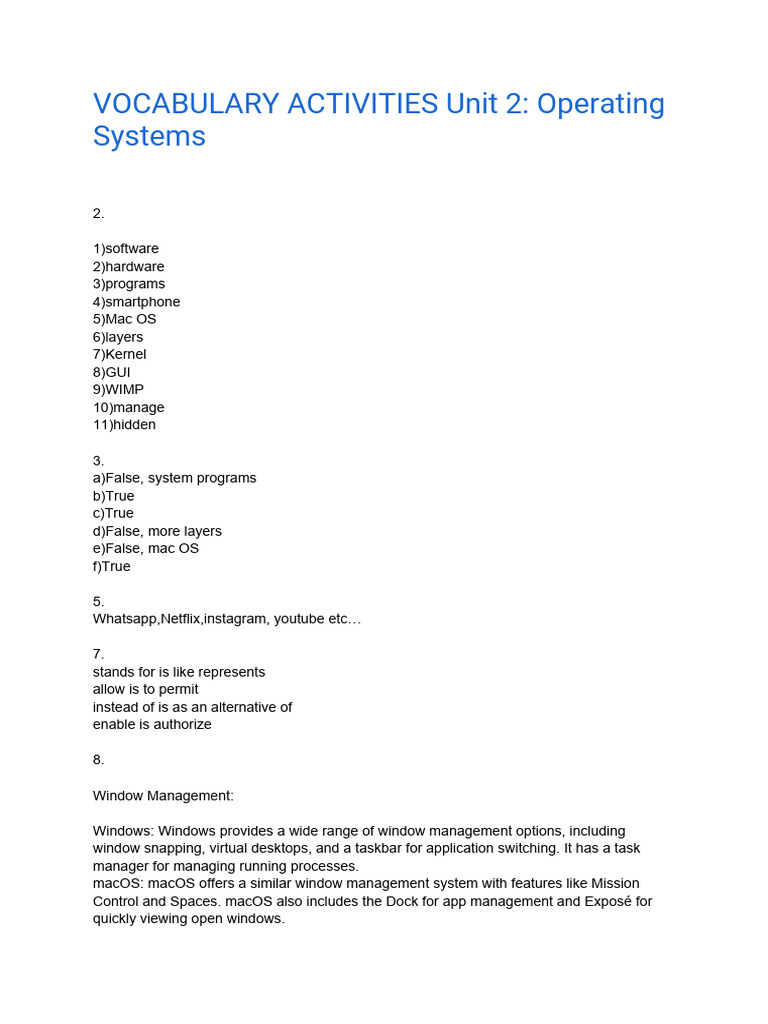 VOCABULARY ACTIVITIES Unit 2 - Operating Systems | PDF VOCABULARY ACTIVITIES Unit 2 - Operating Systems | PDF