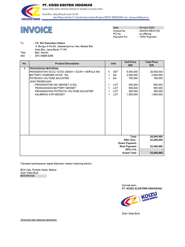 Invoice Bea Cukai Aki Genset | PDF
