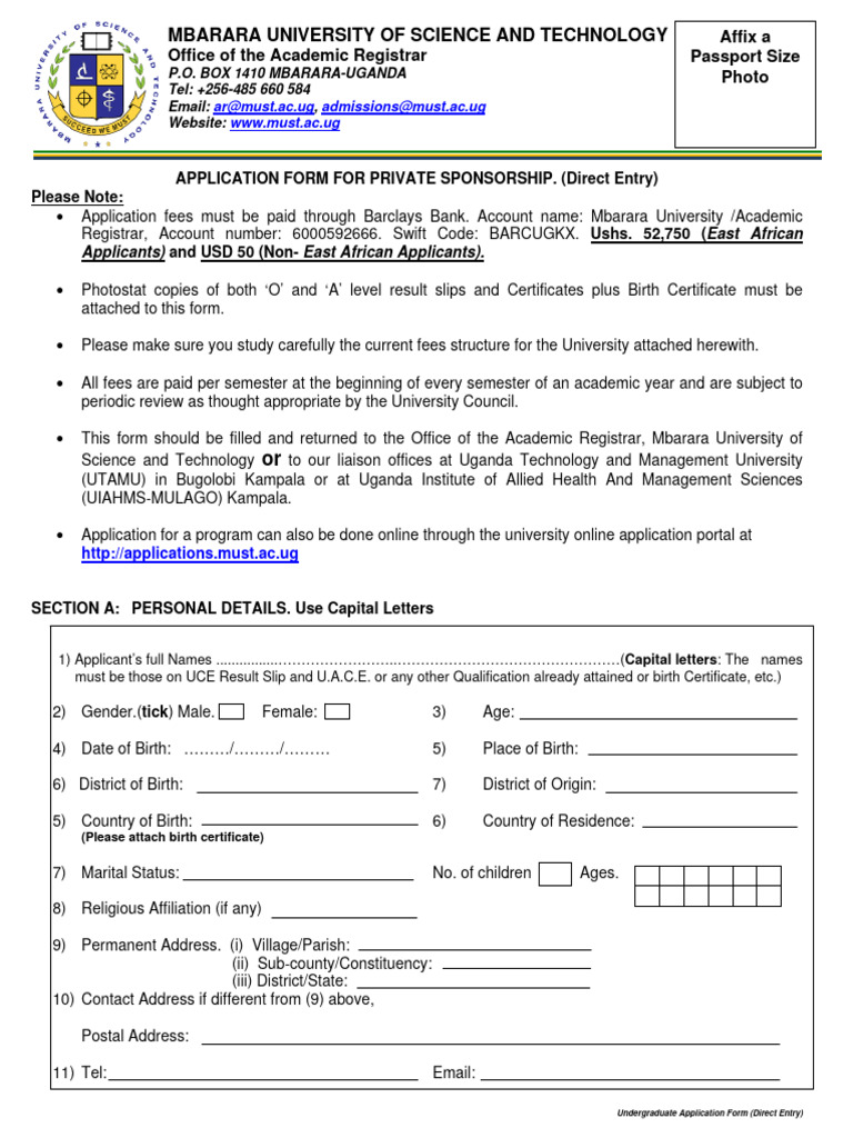 Application Form Undergraduate (Direct Entry) | PDF | Bachelor's Degree ...