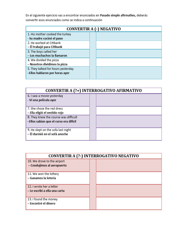 Ejercicios de Pasado Simple con "Did" | PDF