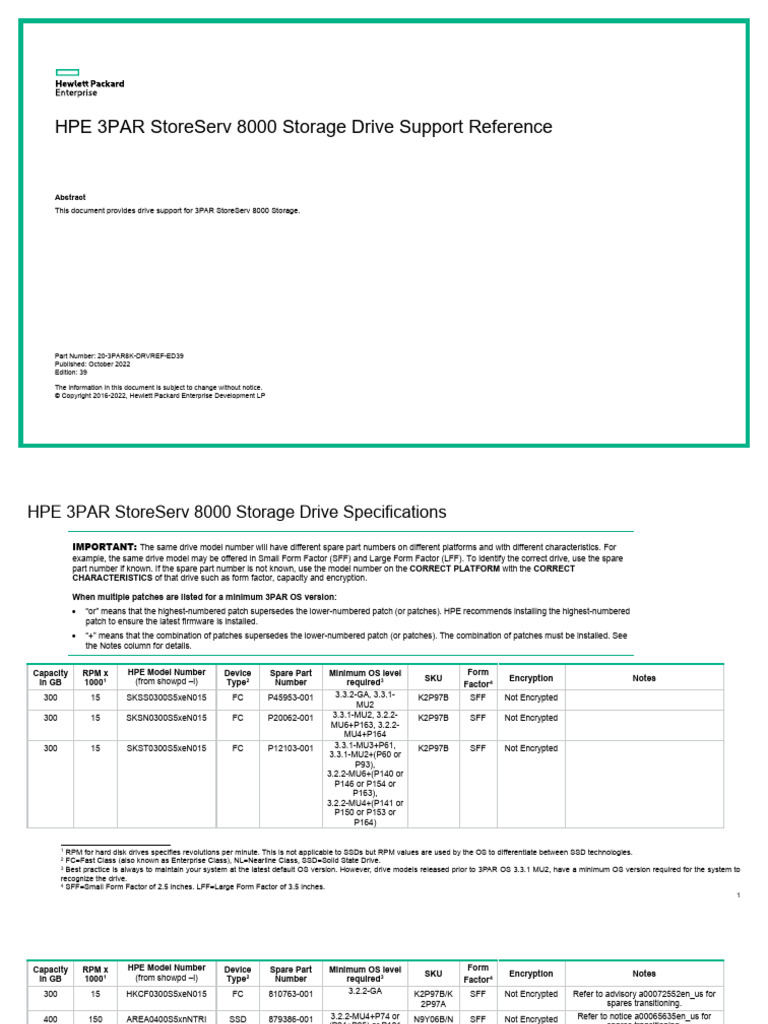 HPE 3PAR StoreServ 8000 Storage Drive Support Reference-C04895558 | PDF ...
