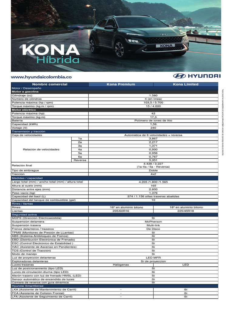 Ficha Tecnica Hyundai Kona 2022 Los Coches | PDF | Airbag | Sistema de freno antibloqueo