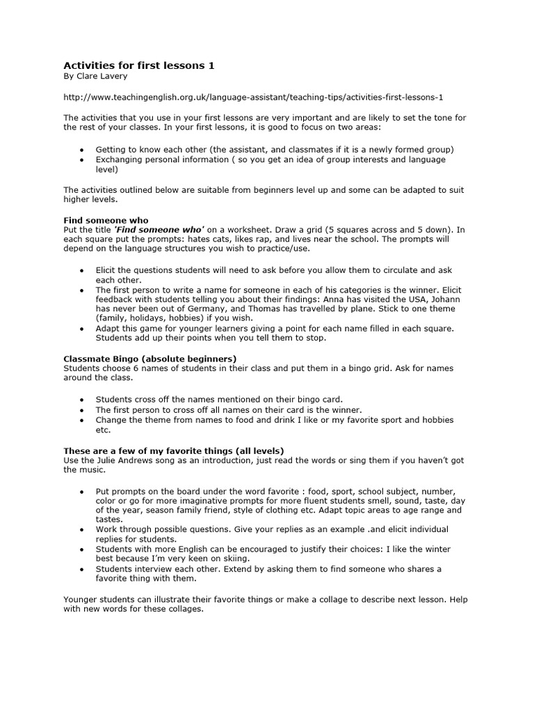 First Day English Class Activities | PDF | Fluency