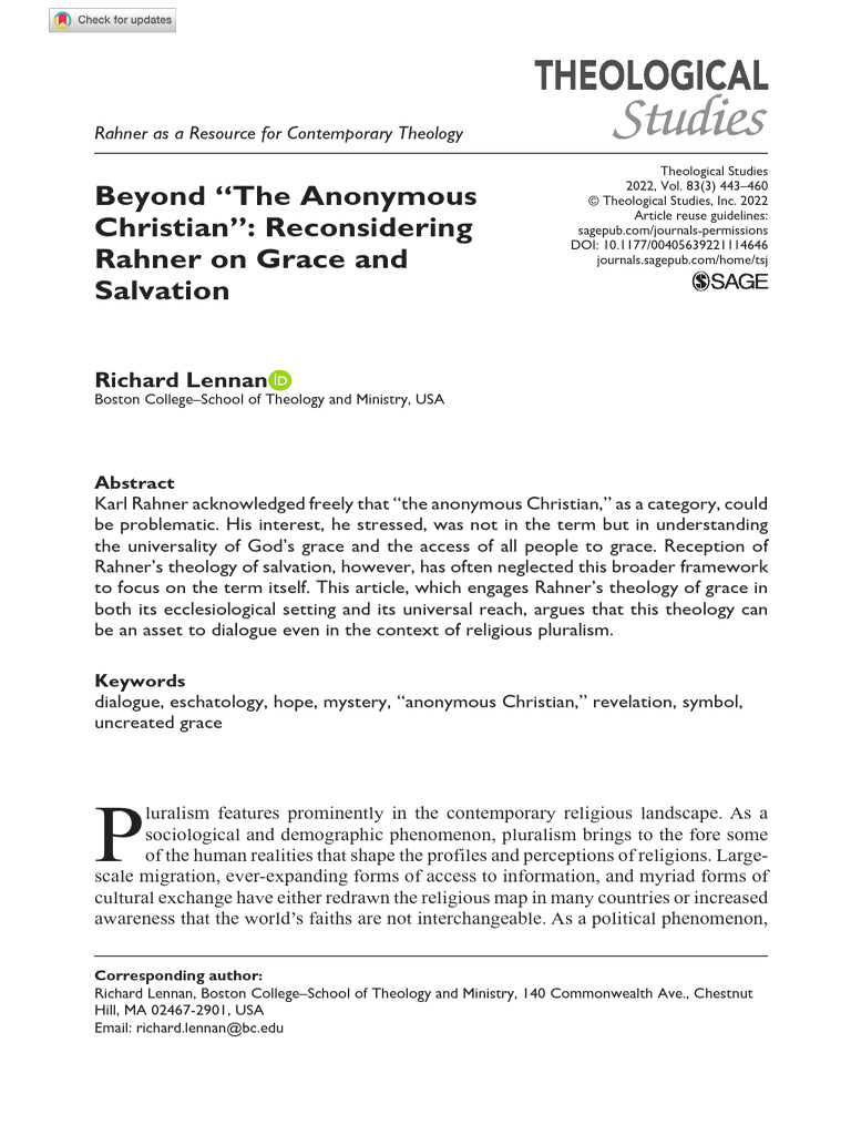 Beyond The Anonymous Christian Reconsidering Rahner On Grace and ...