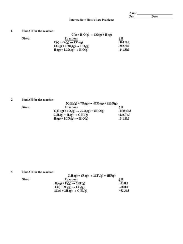 Intermediate Hess’s Law Calculations | PDF | Physical Chemistry | Unit ...