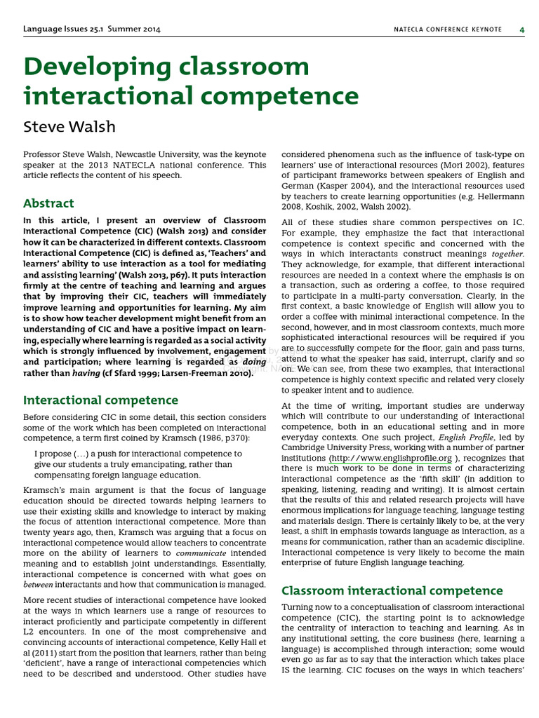 CORE READING - Walsh, Classroom Interactional Competence | PDF | Learning | Language Education