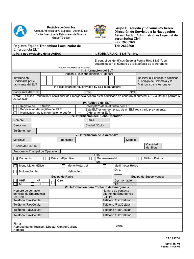Registro de ELT - Forma RAC 8337-7 | PDF | Aeronáutica | Transporte