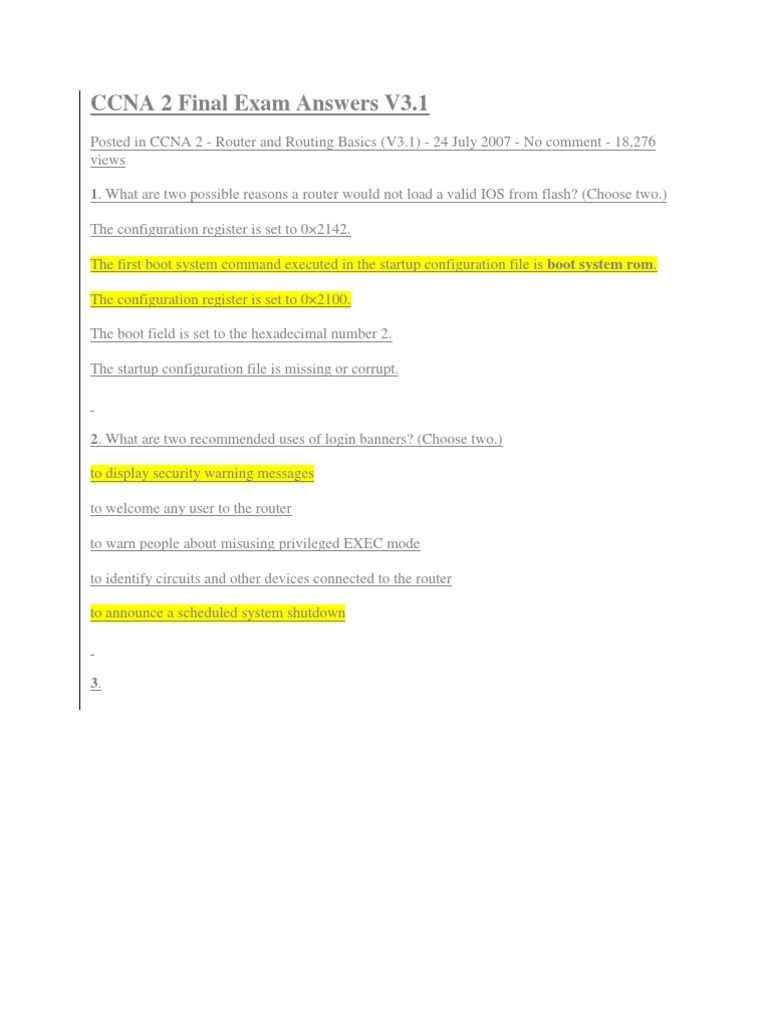 CCNA 2 Final Exam Answers V3.1 | PDF | Router (Computing) | Ip Address