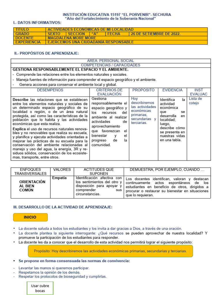 Personal Social Las Actividades Económicas Prim Secund y Terciarias 6 ...