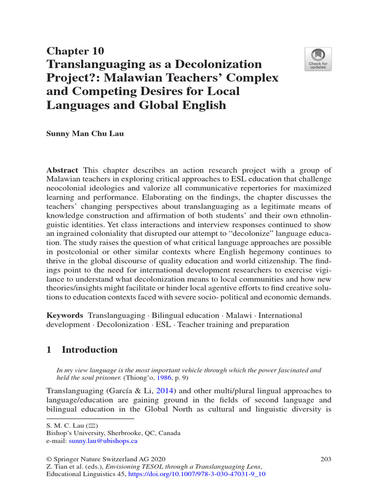 Optional2 - Translanguaging As A Decolonization Project - Lau 2020 | PDF | Teachers | English ...