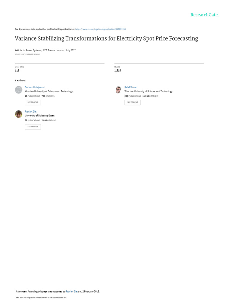 Variance Stabilizing Transformations For Electricity Spot Price Forecasting | PDF | Forecasting ...