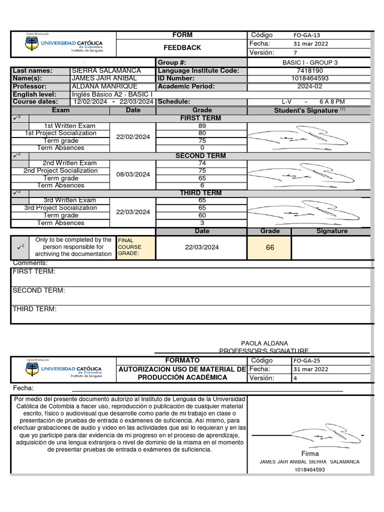 Feedback Form - James Jair Anibal Sierra Salamanca2 | PDF