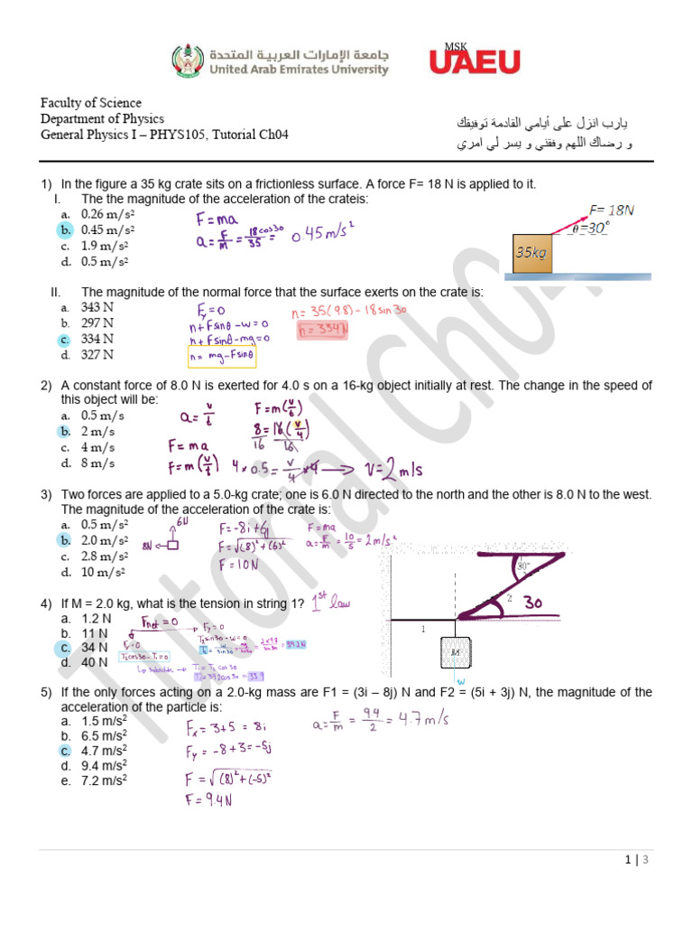 Tutorial - Ch4 by MSK | PDF | Force | Tension (Physics)