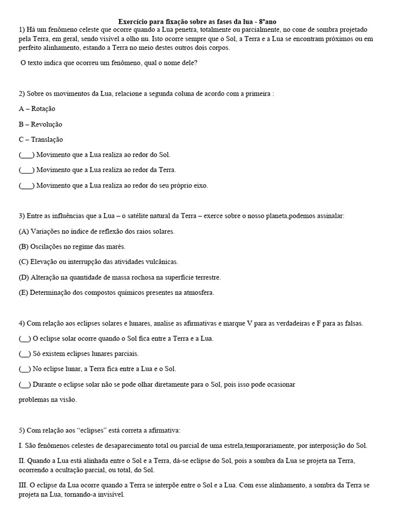 Exercícios sobre Fases da Lua - 8º Ano | PDF | Lua | Eclipse