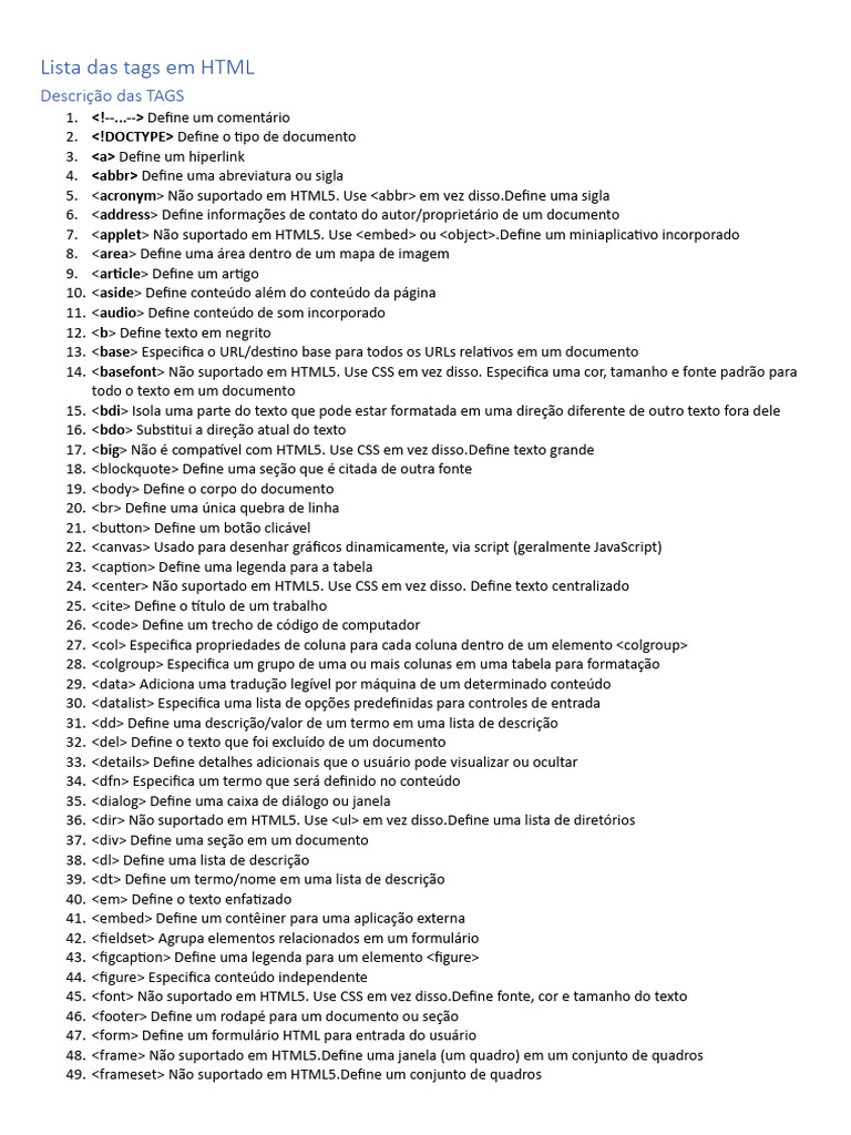 Lista Das Tags em HTML | PDF | Html | Html5 Lista Das Tags em HTML | PDF | Html | Html5