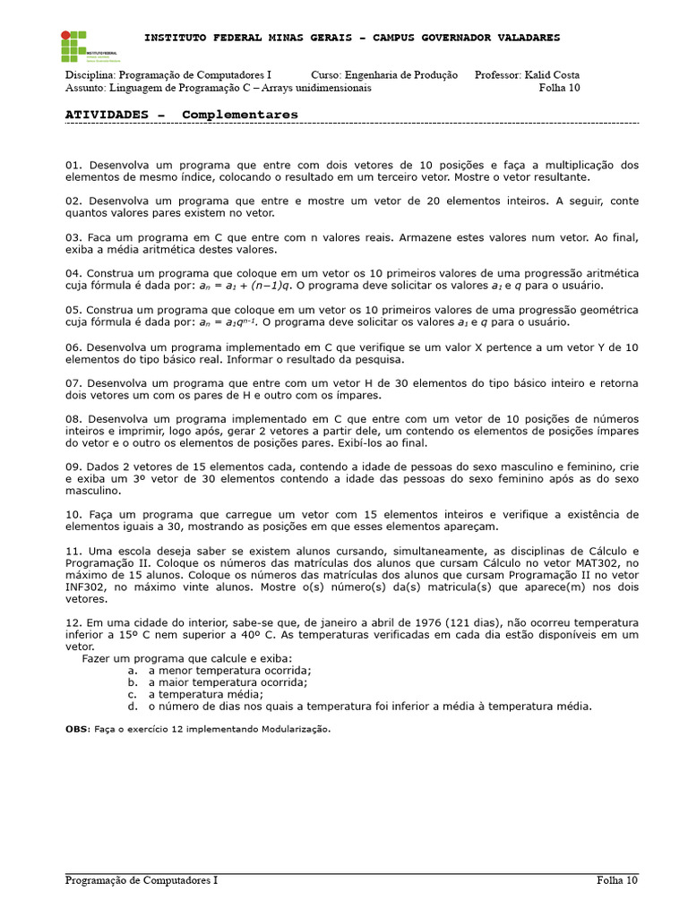 Exercícios.10 - COMPLEMENTAR 09 | PDF | Vetor euclidiano